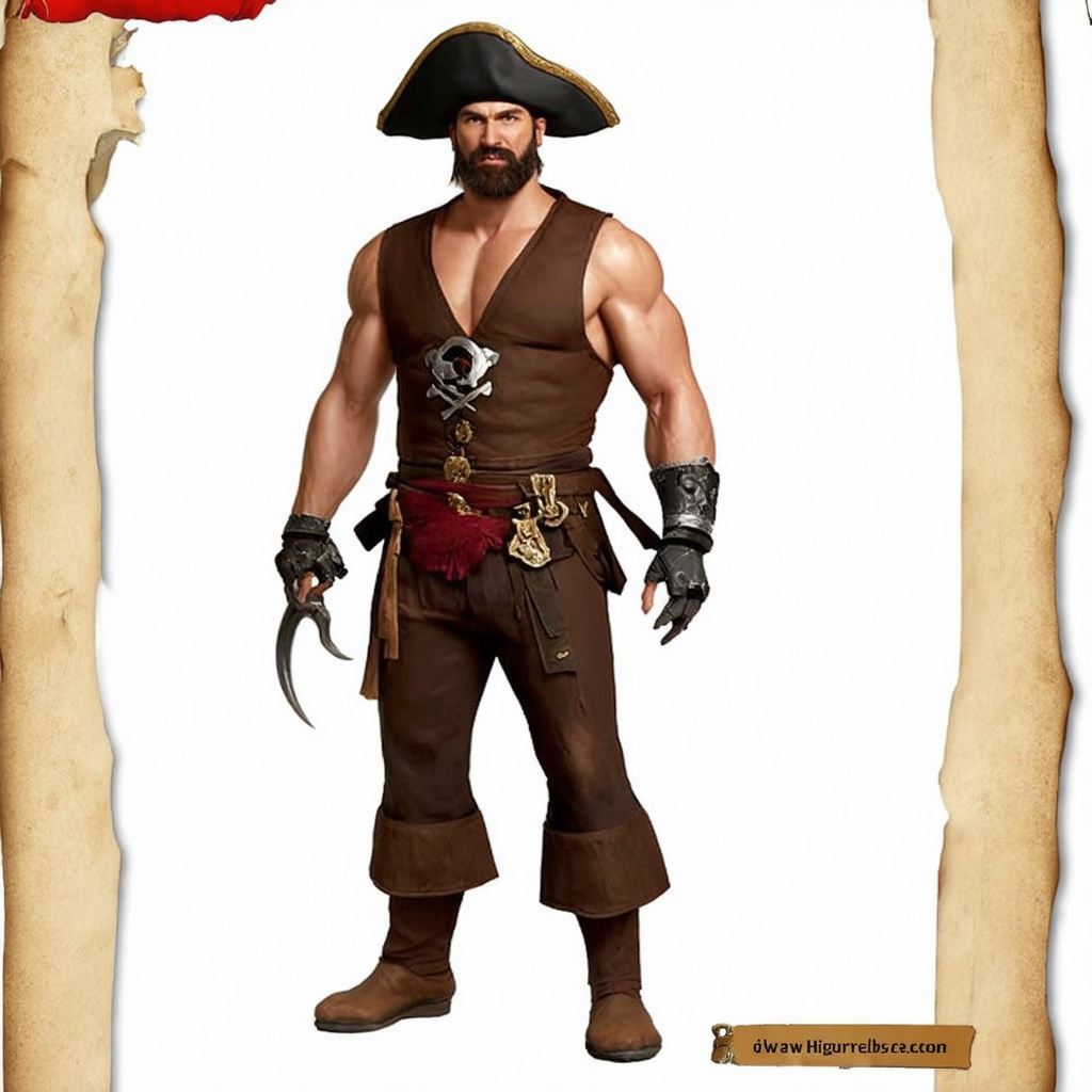 man in full pirate garb he is muscular and even has...