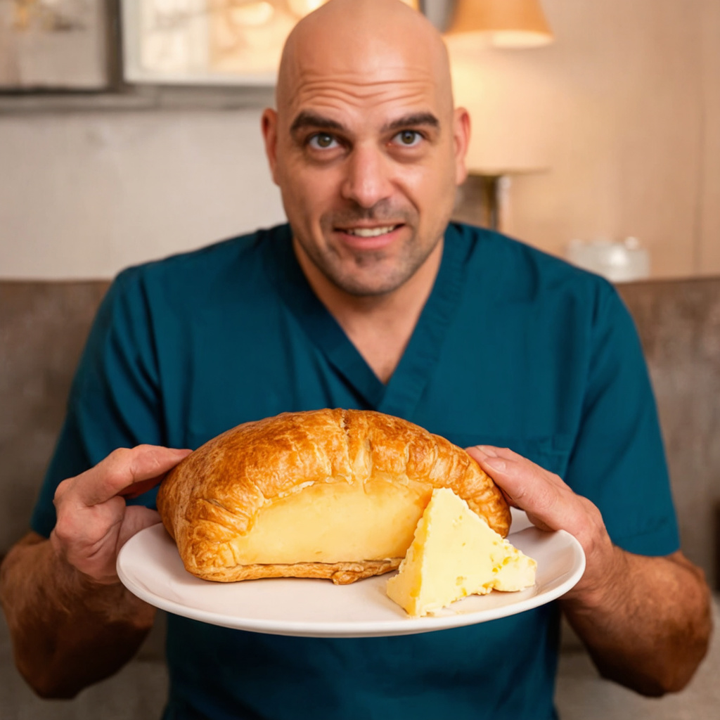 bald chiropractor eating cheese with Cornish pasty p...