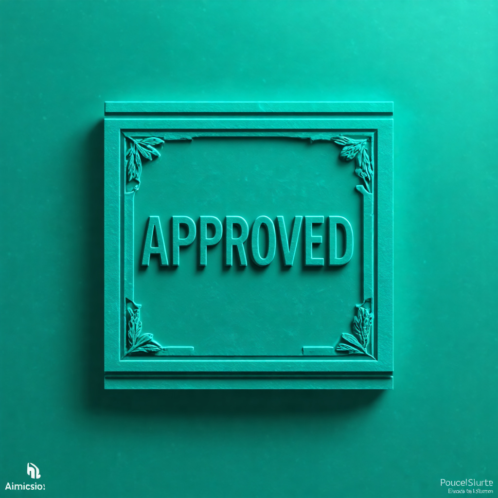 3d model of approved stamp, square background, teal...