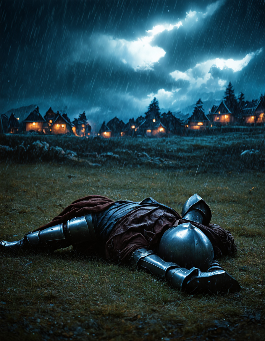 Dark fantasy, rainy, night, 80s, detailed, a dead kn...