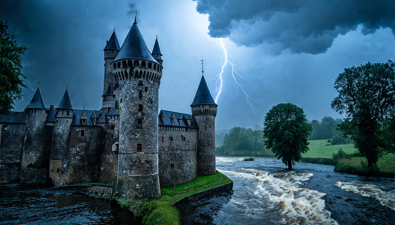 medieval castle watching overflowing river, heavy ra...