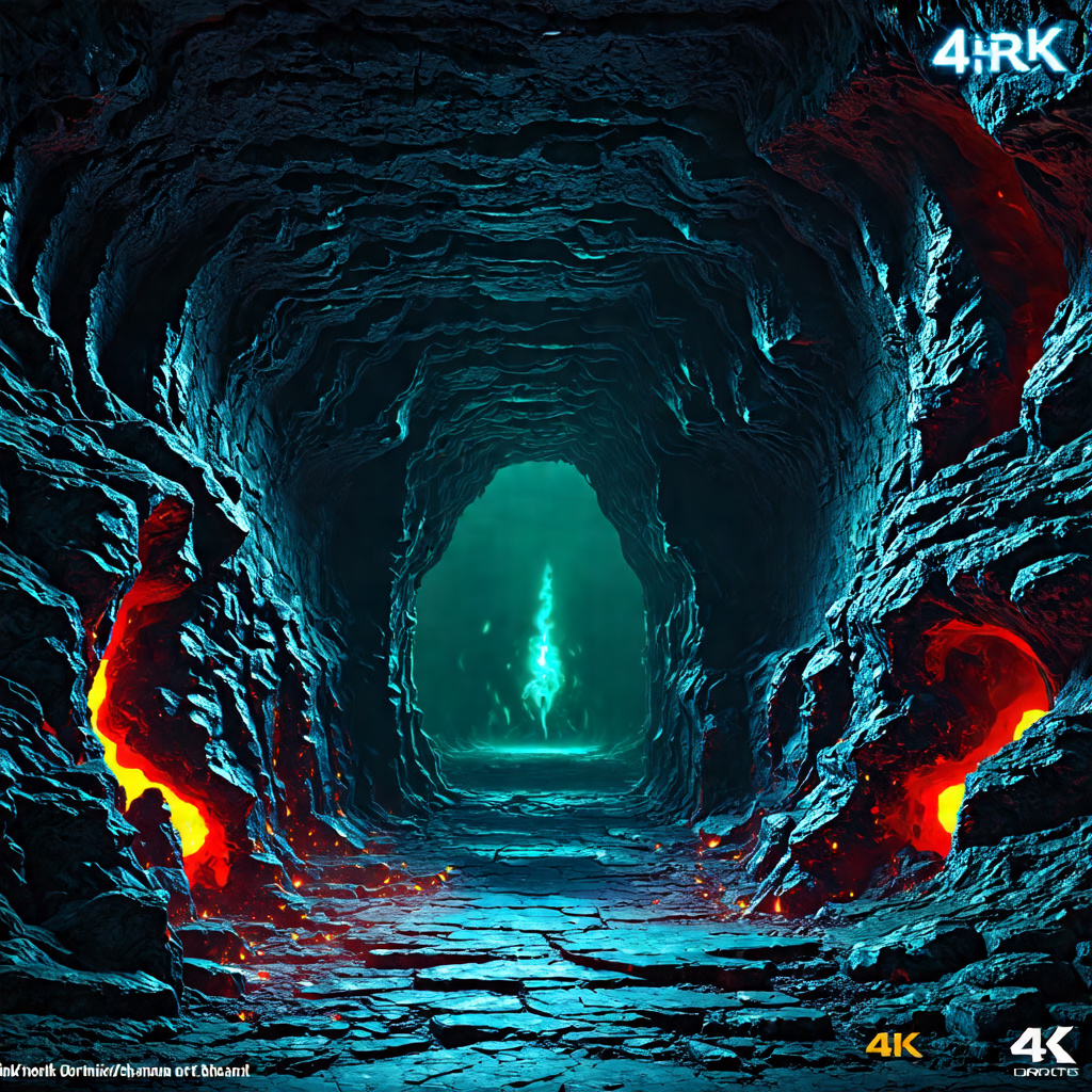 A huge deep abyss made of black stone, incandescent...