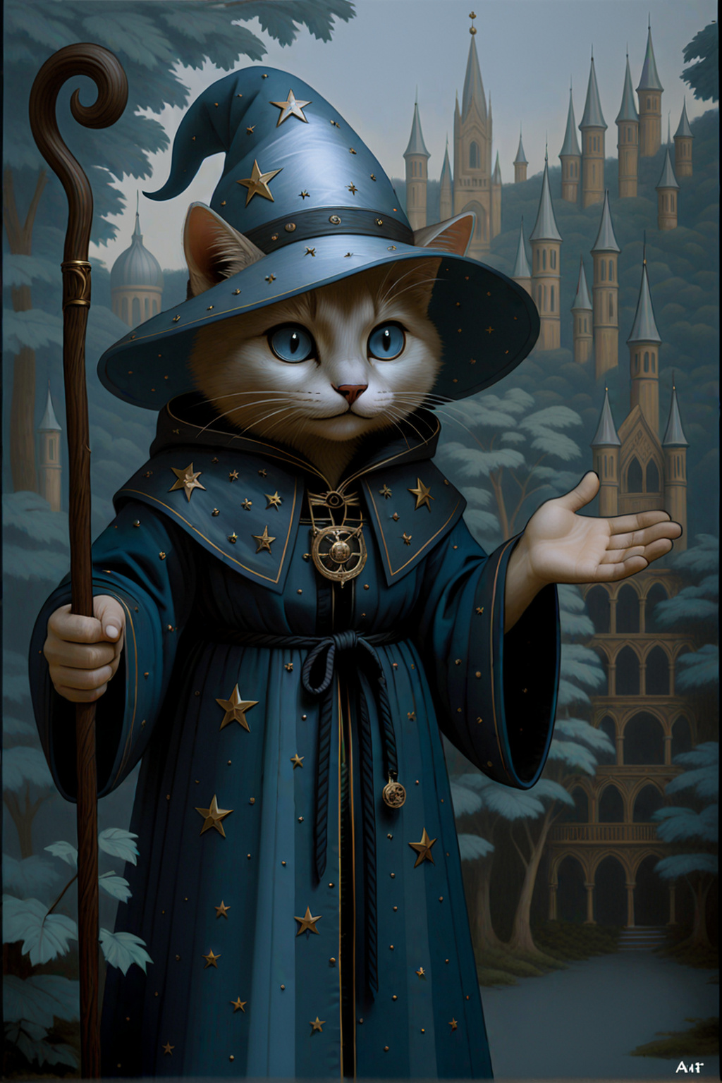 The wizard cat is walking slowly toward the camera....
