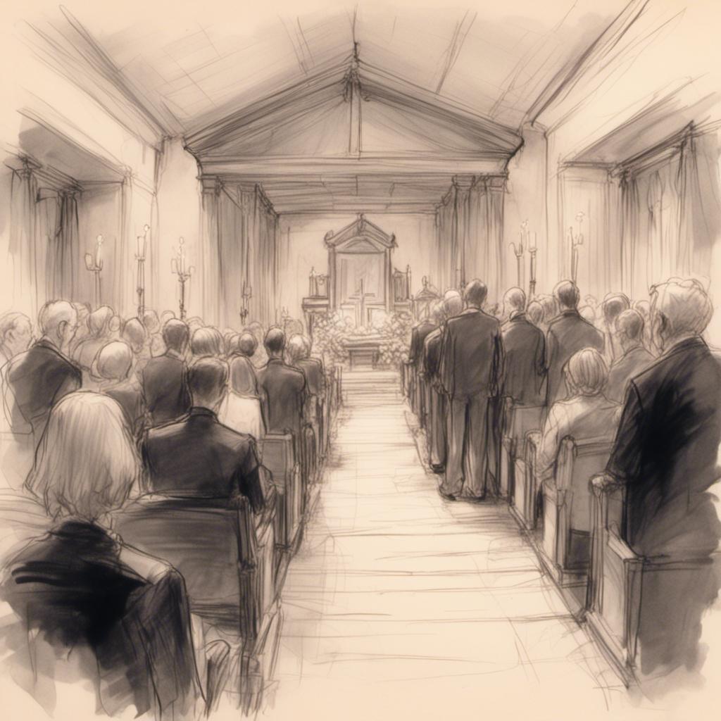 pencil-sketch of a funeral service