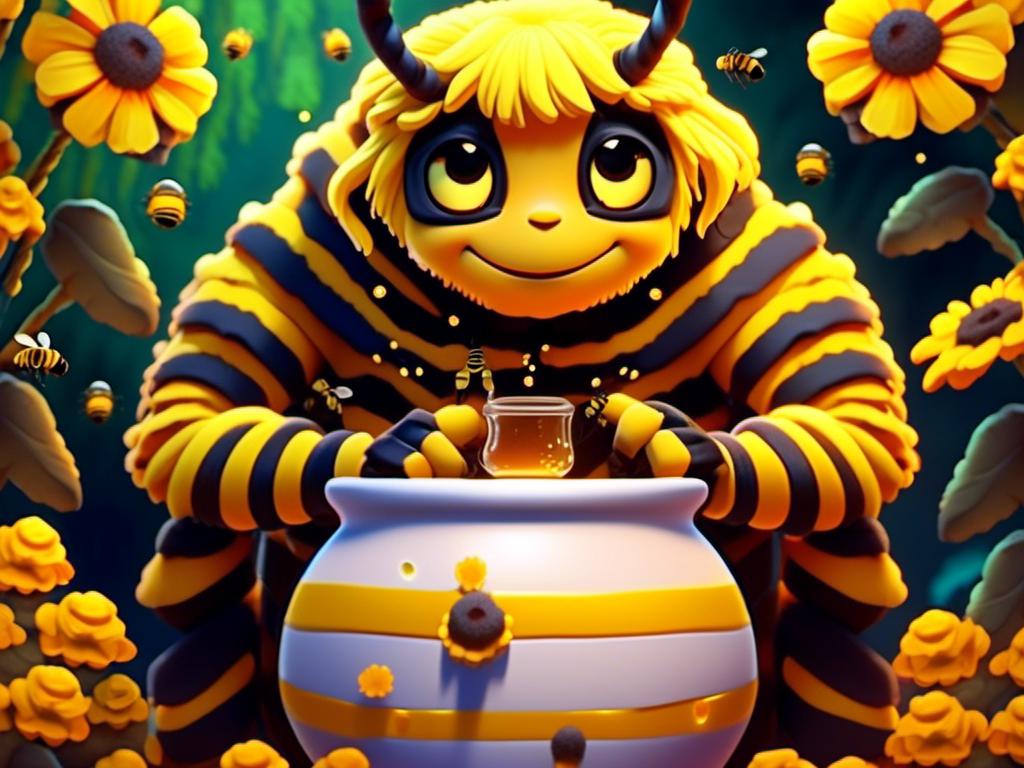 cute bumble bee man in hive with honey in...