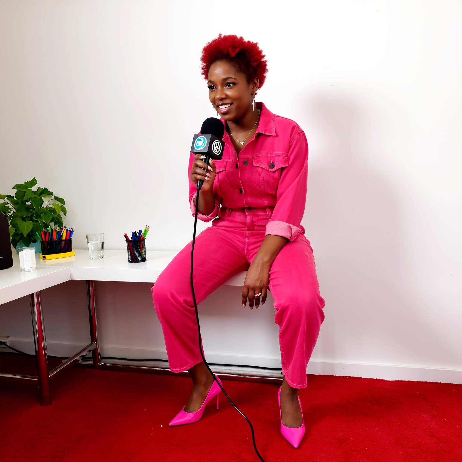 A beautiful black woman with a red buzz cut hairstyl...