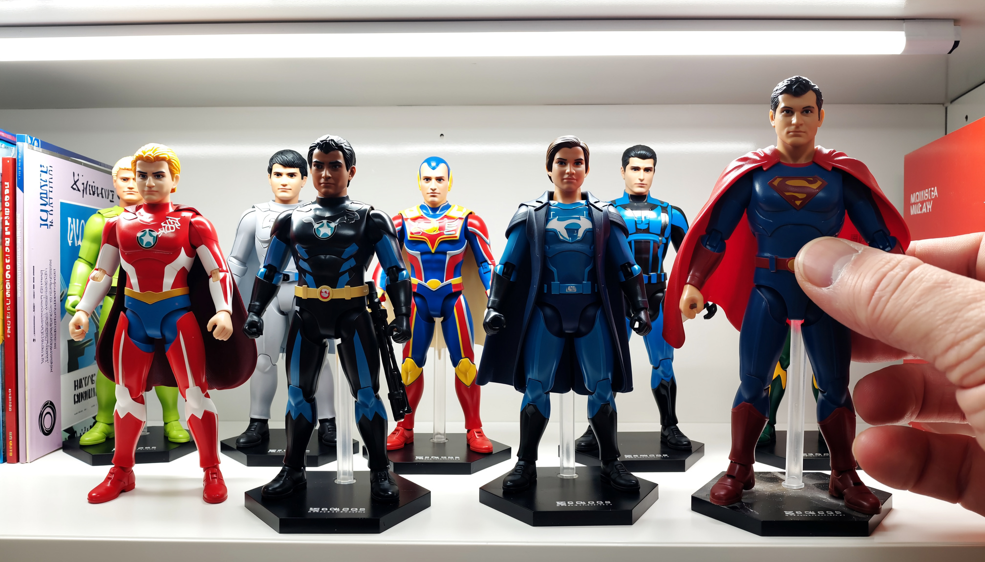 A single action figure is carefully placed onto a sh...