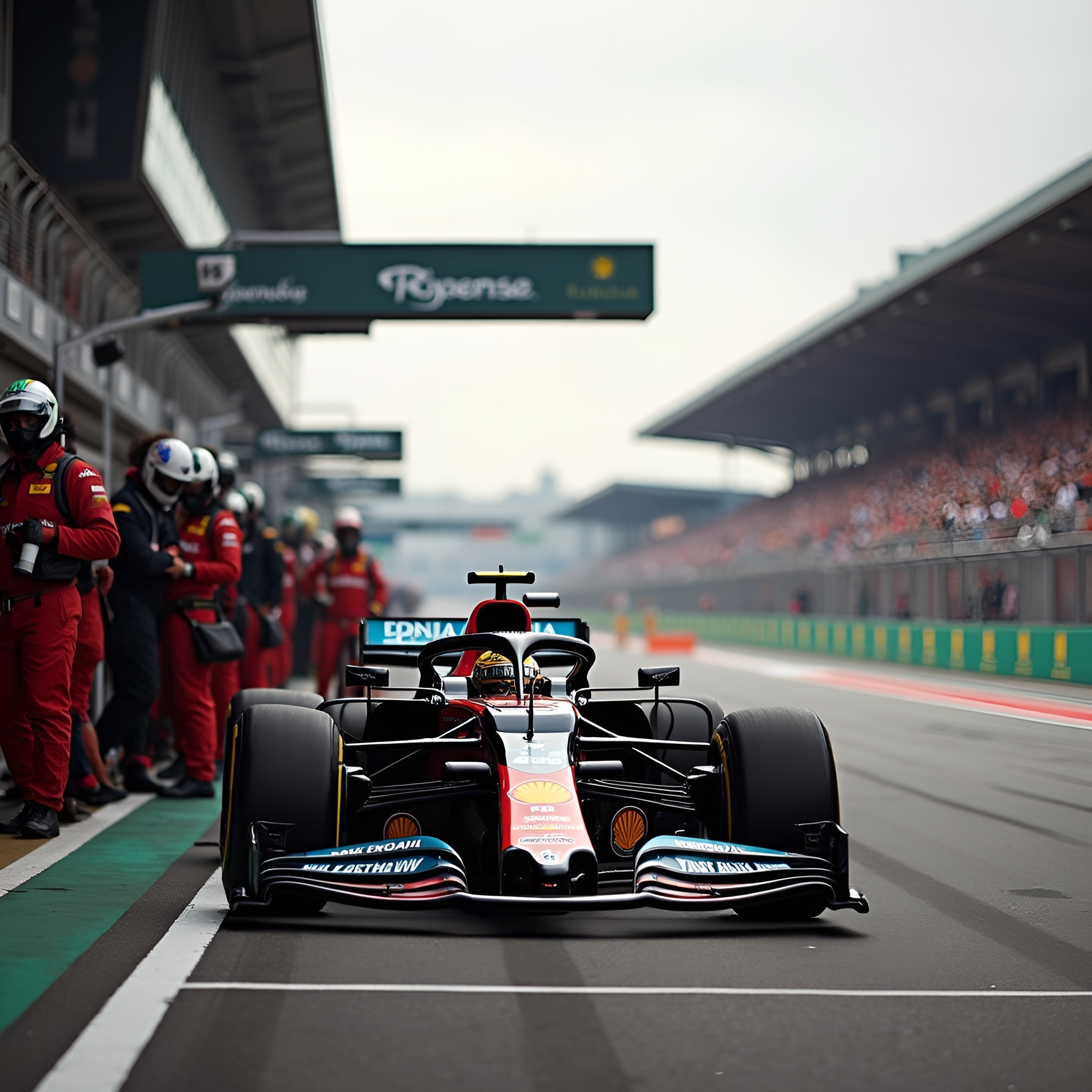 A F1 pit area and stands for the crowd. The pit crew...