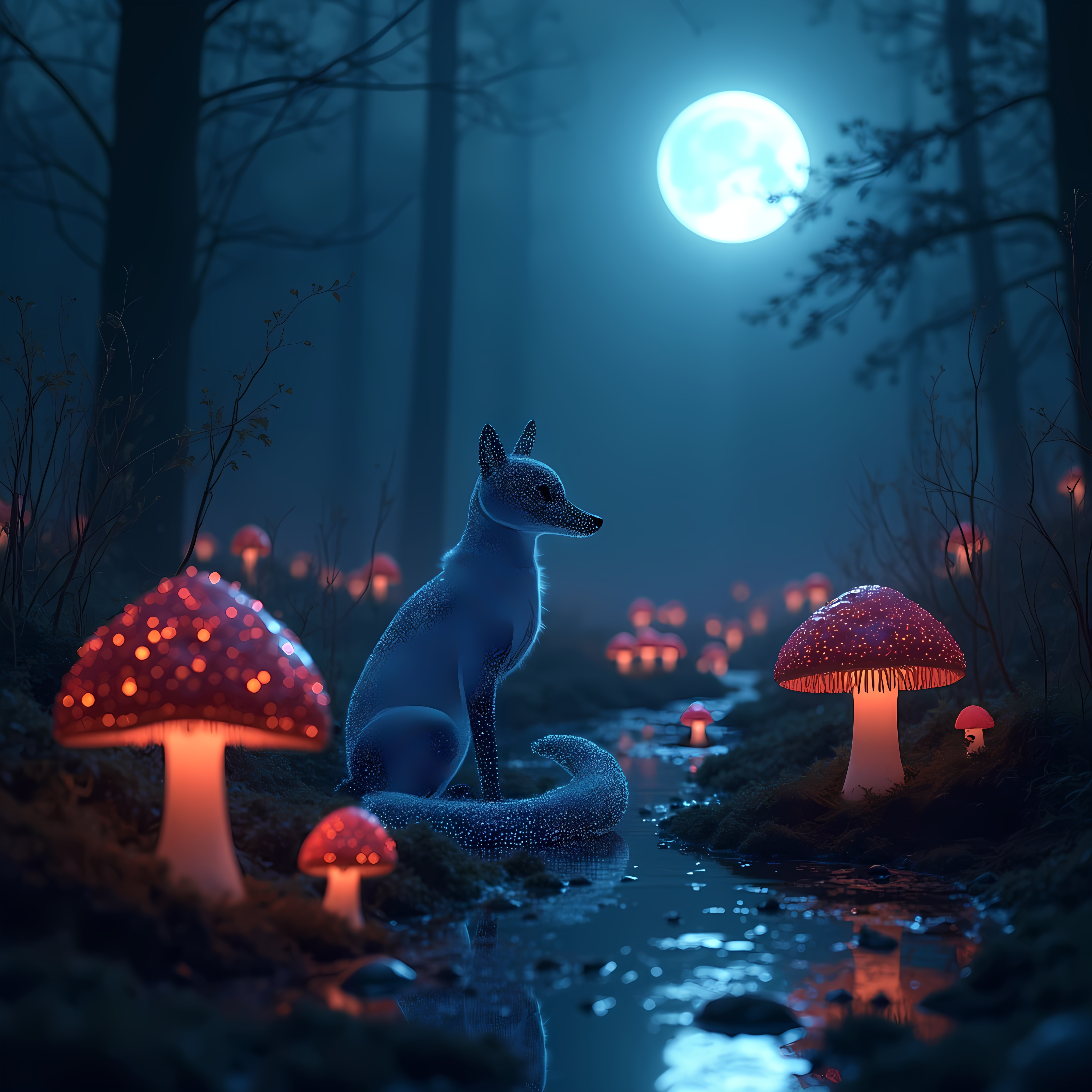 Visual: Gloomy marsh with glowing mushrooms, circuit...