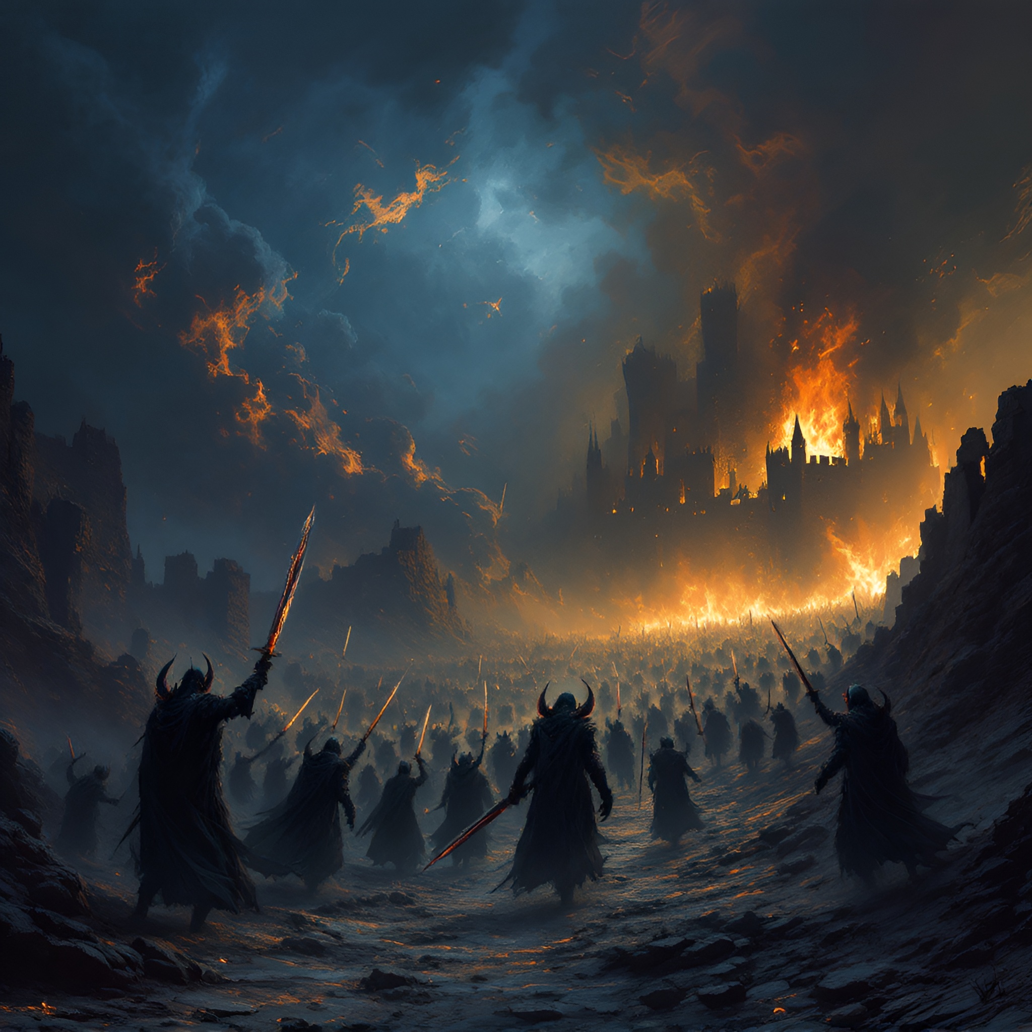 Infernal legion of monstrous devils, armored figures...