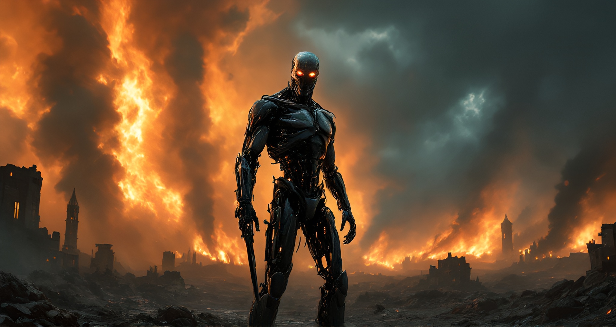 the Terminator, intense battlefield scene, flames an...