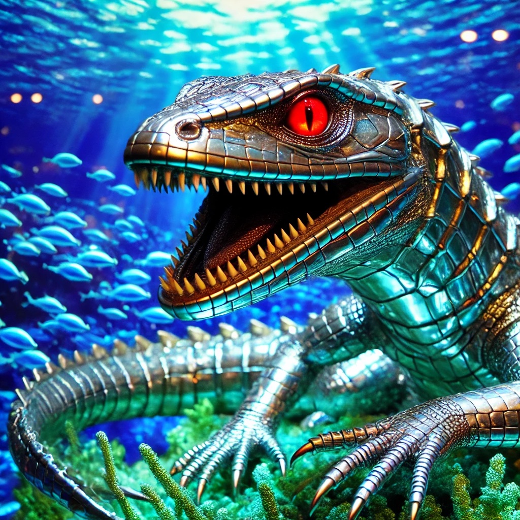 metallic lizard, Red_Eyes, Sharp Teeth Poking out of...