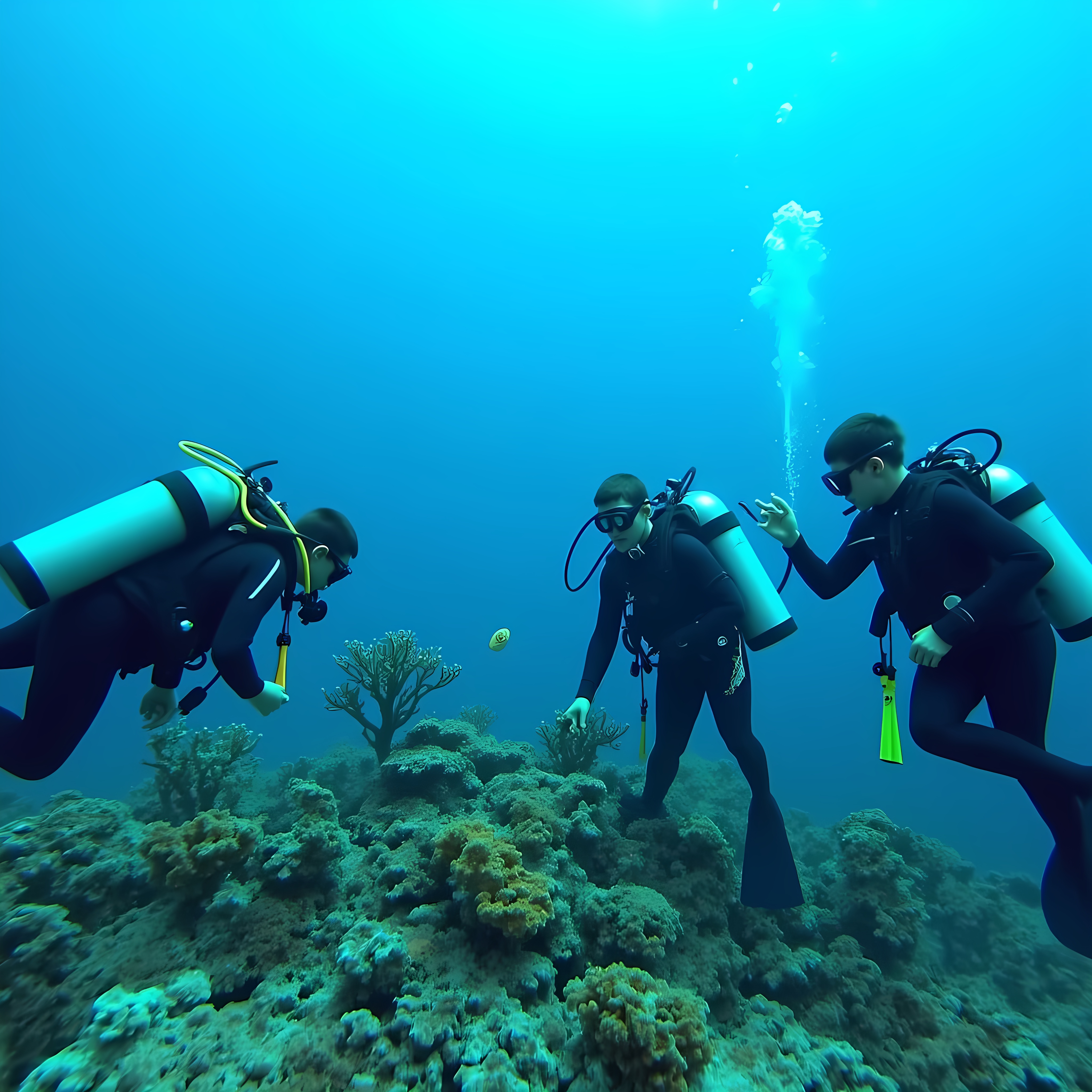 Kids scuba diving putting corals on a coral trees,...