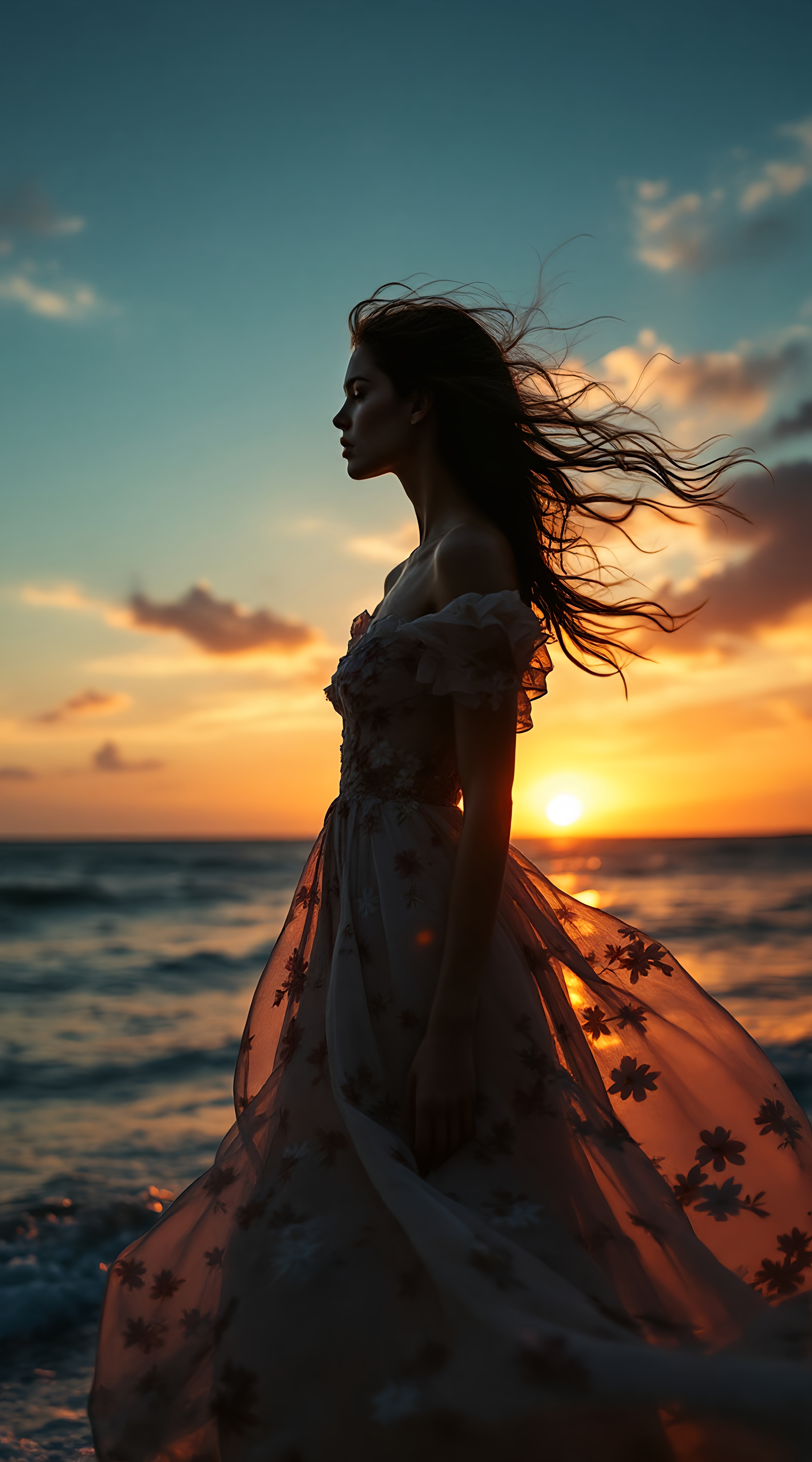 A windswept woman stands at the edge of the ocean du...