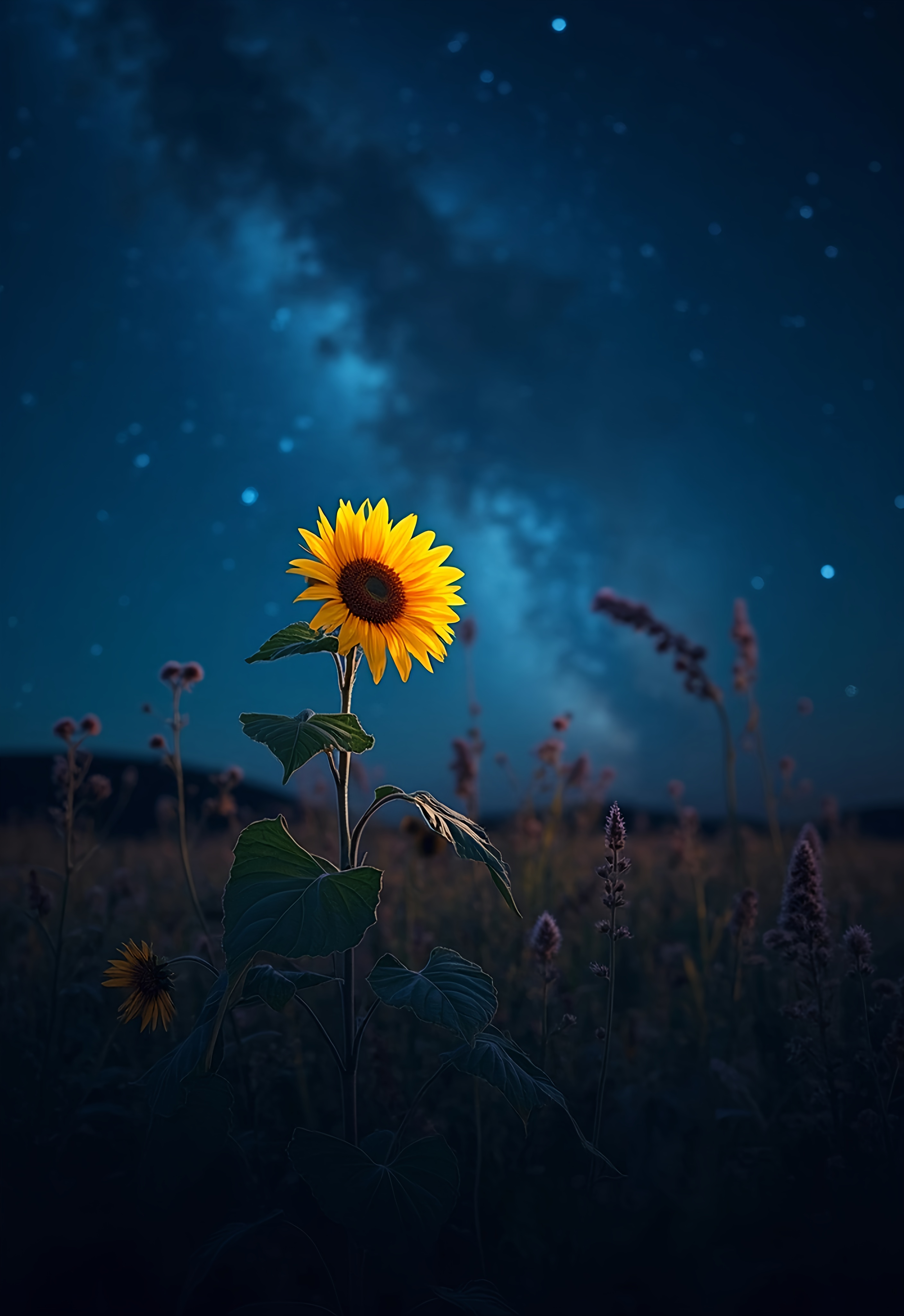 photorealistic, a single sunflower illuminated in a...