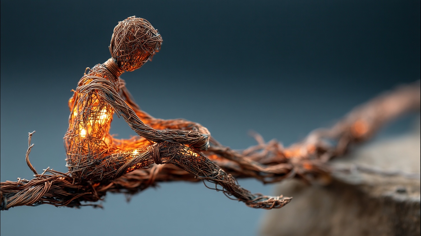 artistic barbwire copper human figurine, with dramat...