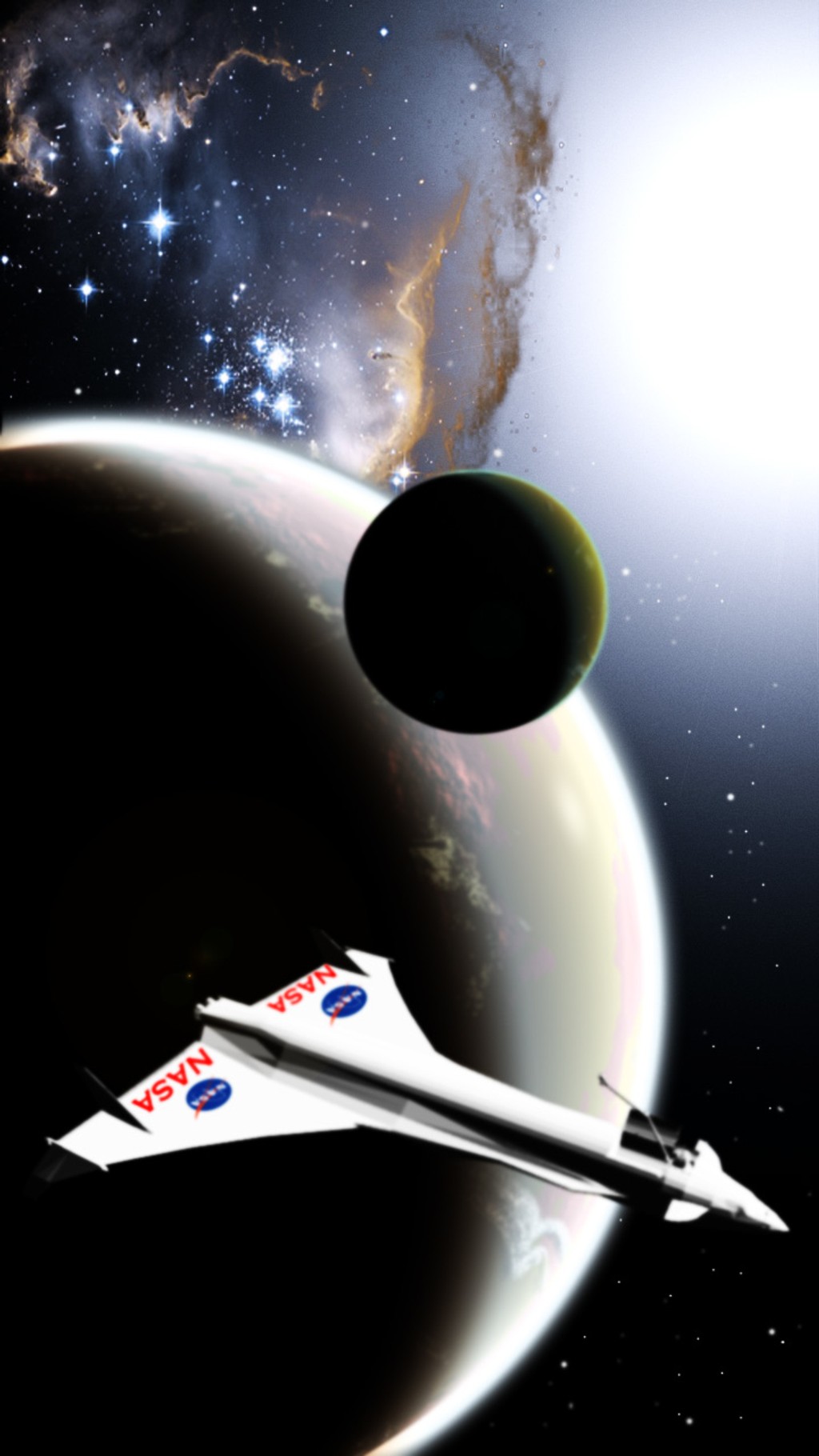 Concept Shuttle drifting through space past planets,...