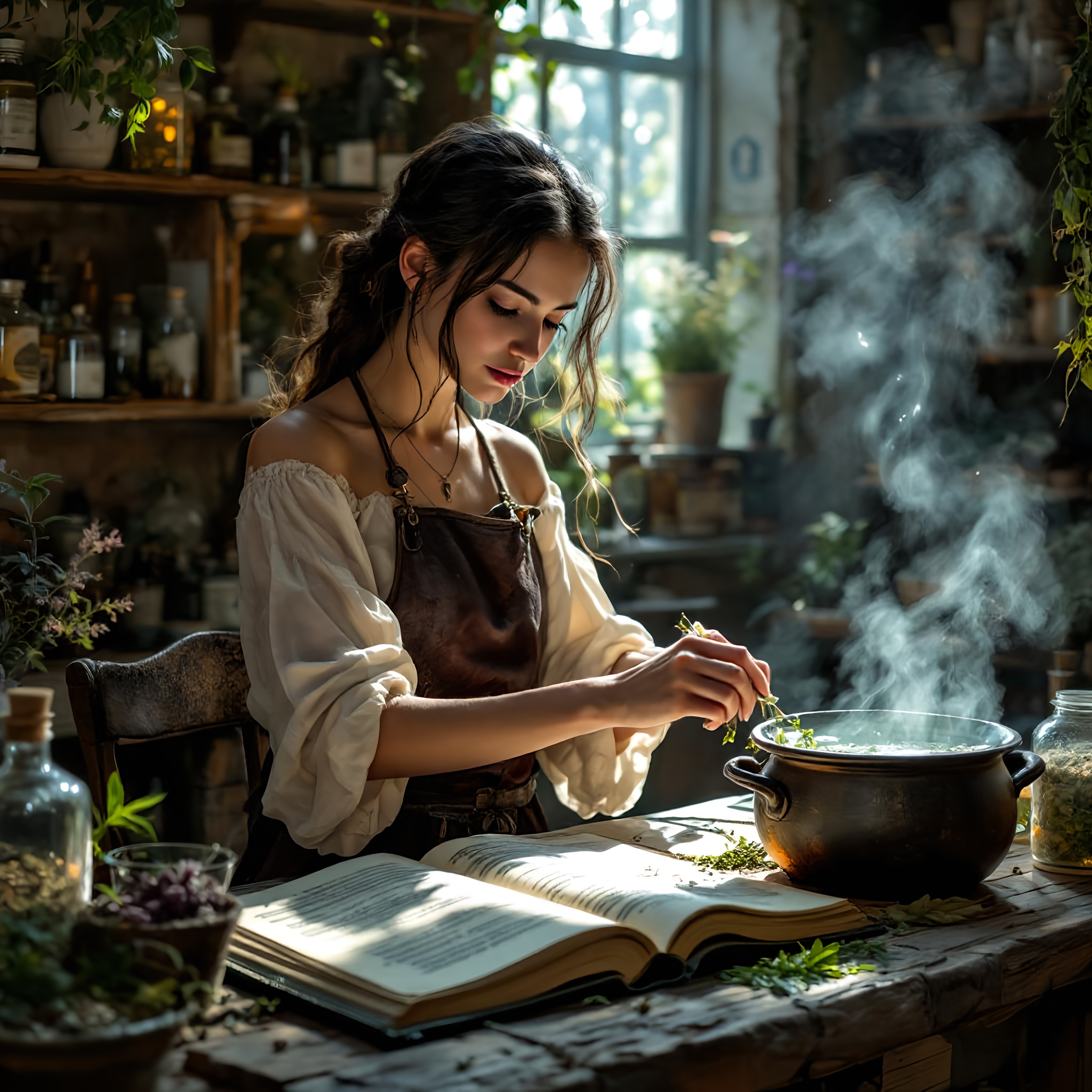 beautiful young solitary witch working in her apothe...