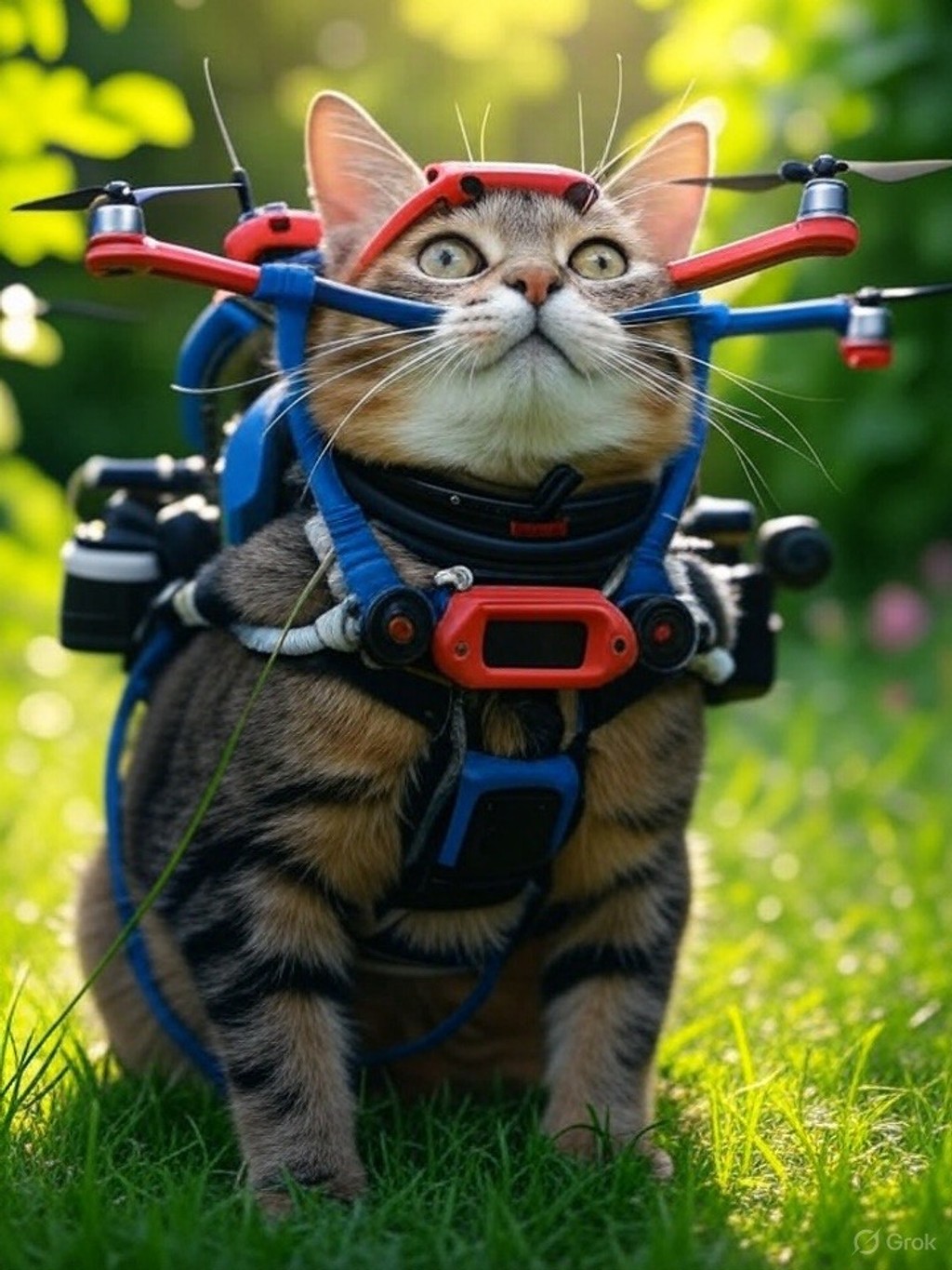 The contraption allows the cat to fly into the air