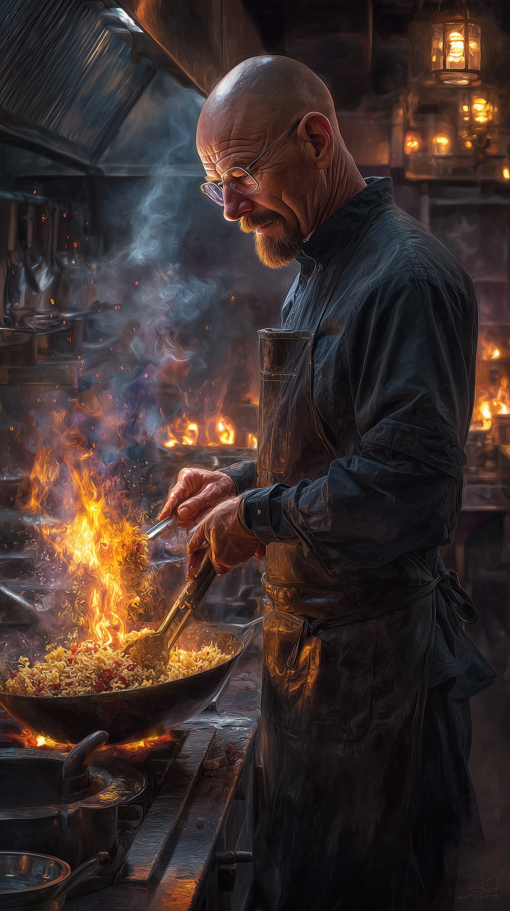 Handheld shot of the man cooking egg fried rice in a...