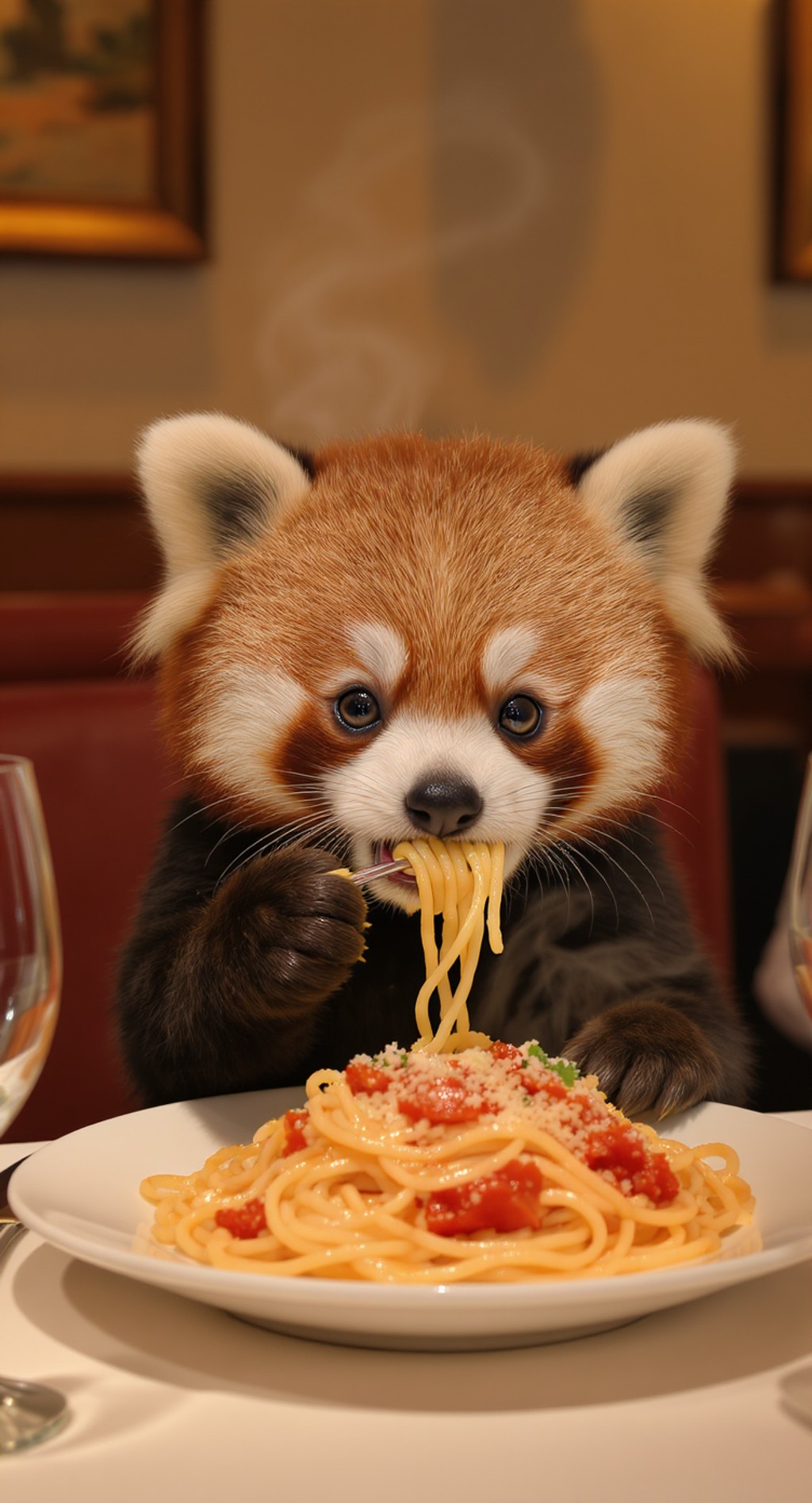 Zoom in: Red panda twirls spaghetti with a fork whil...
