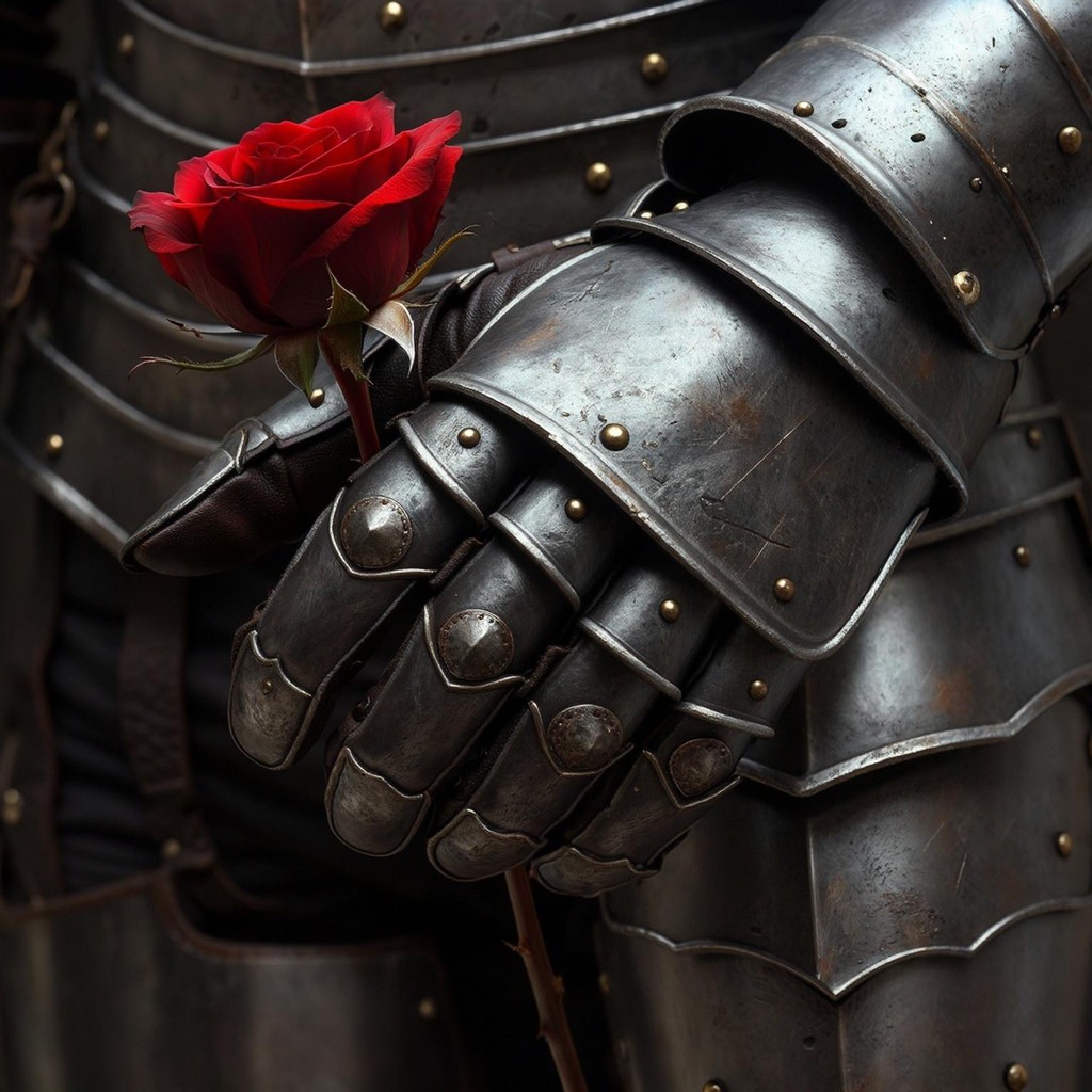 A close-up of a medieval knight’s armored hand gentl...