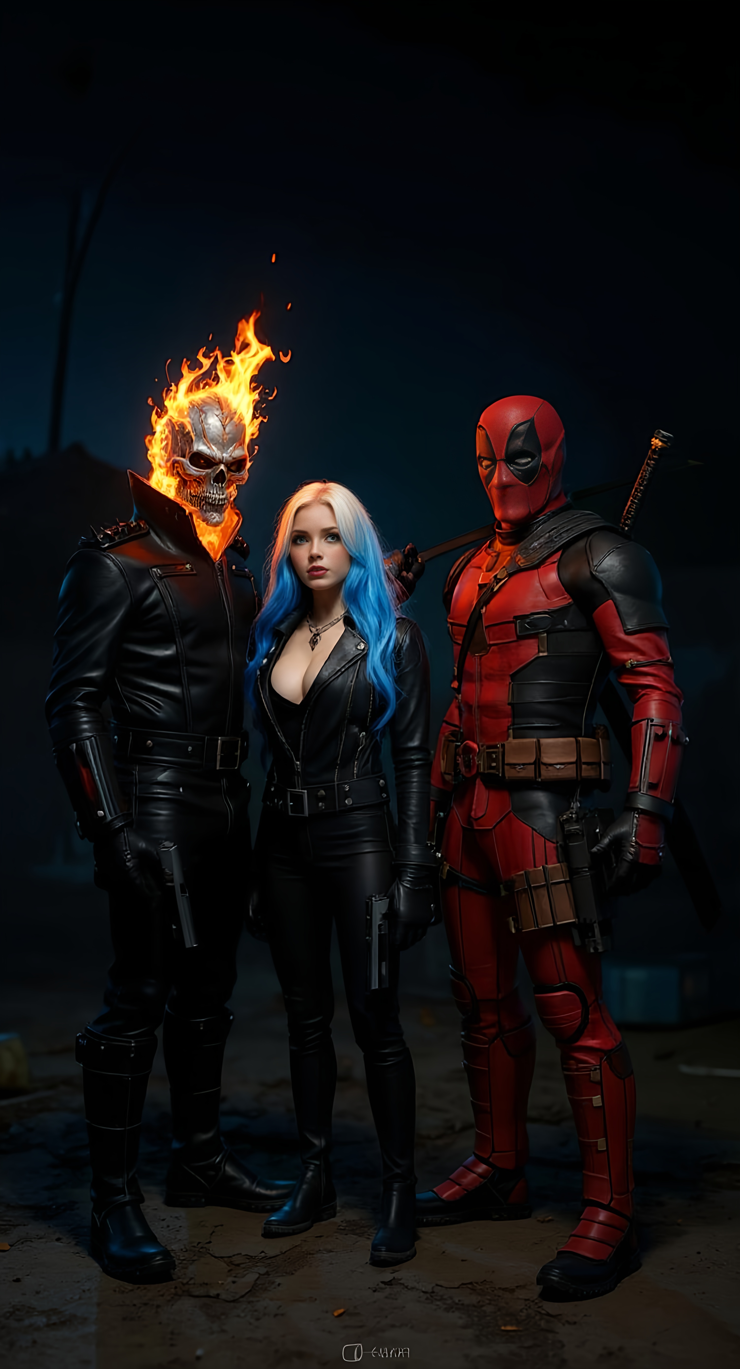 The tall man with the flaming skull, and the woman...