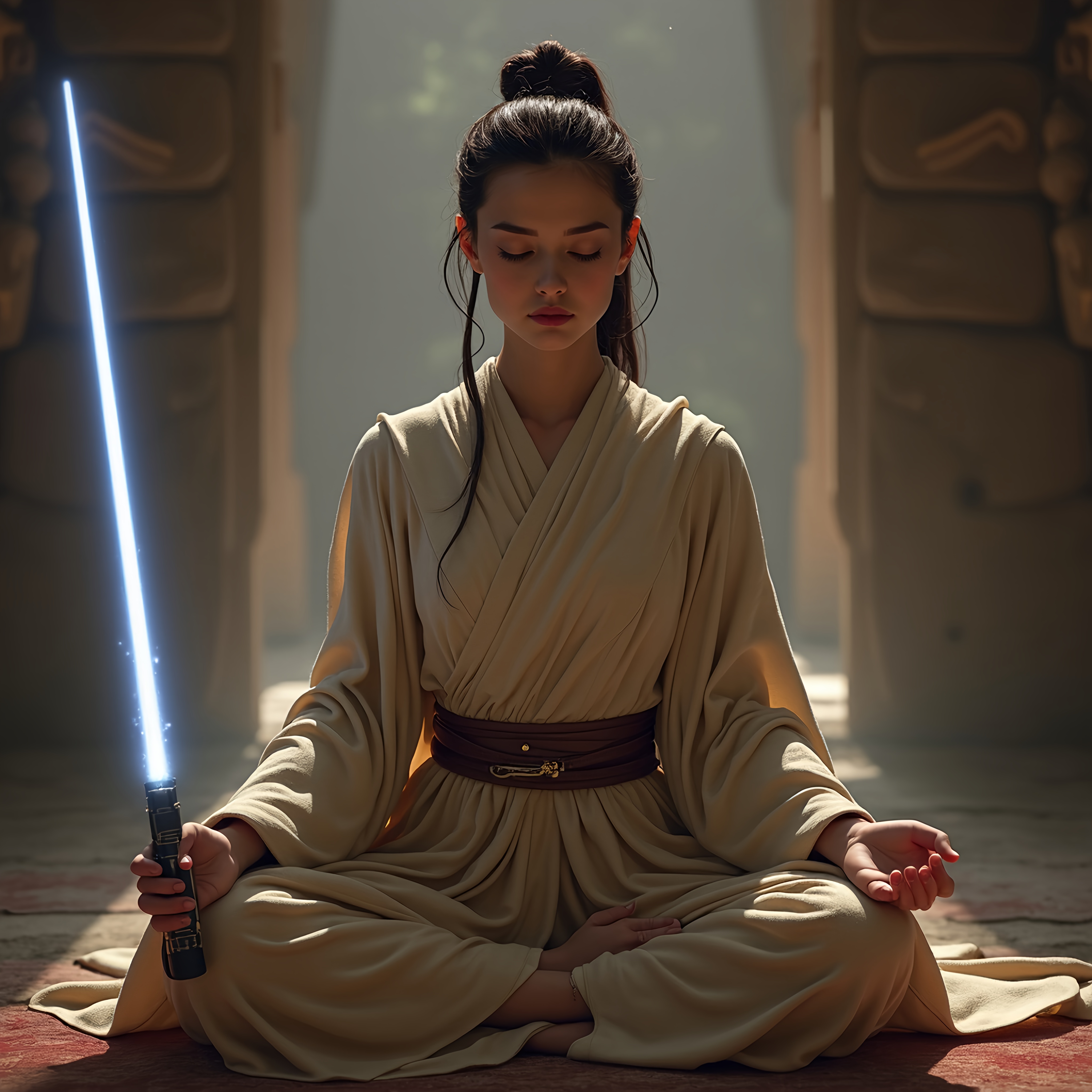 Padme Admidala in meditation, their lightsaber by th...