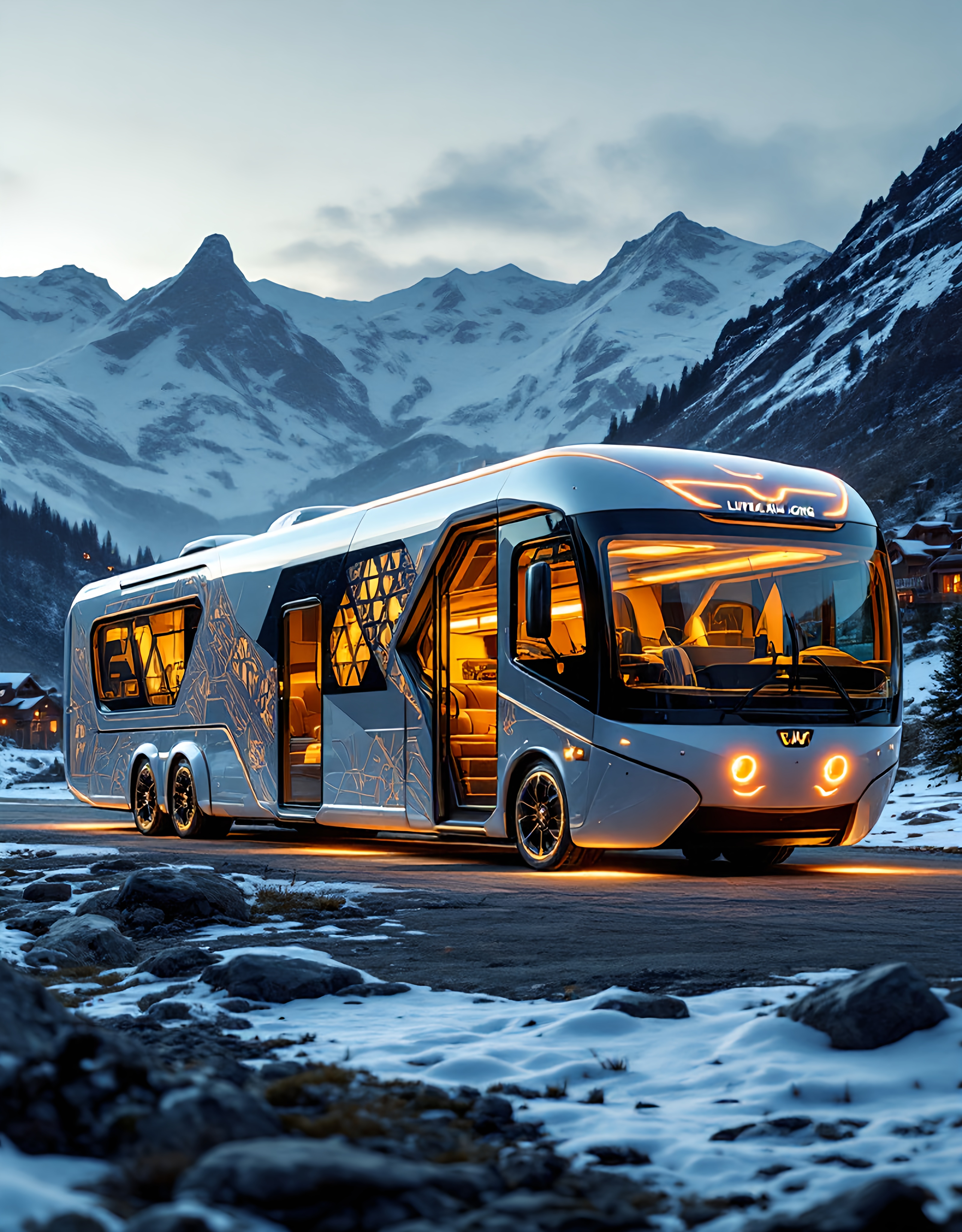 Ultra Realistic Big Long Futuristic RV, side profile...