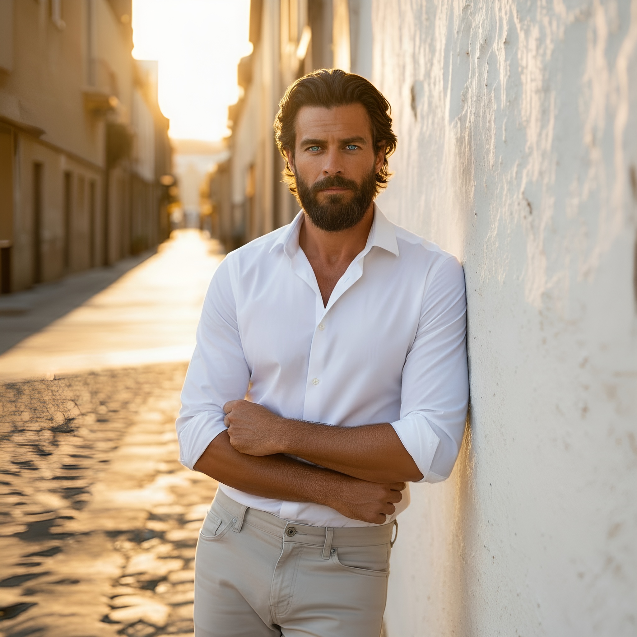 Same man leaning casually against the Mediterranean...