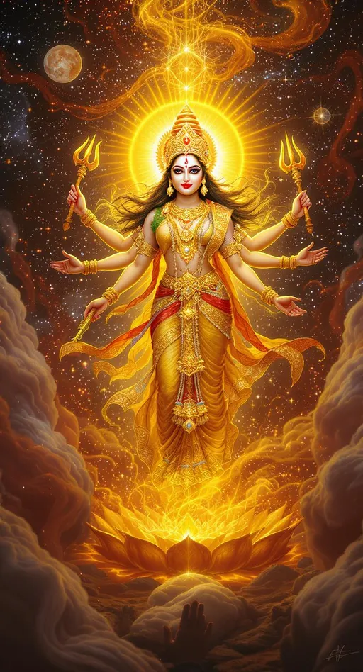 anthropomorphic goddess durga with many arms, portra...