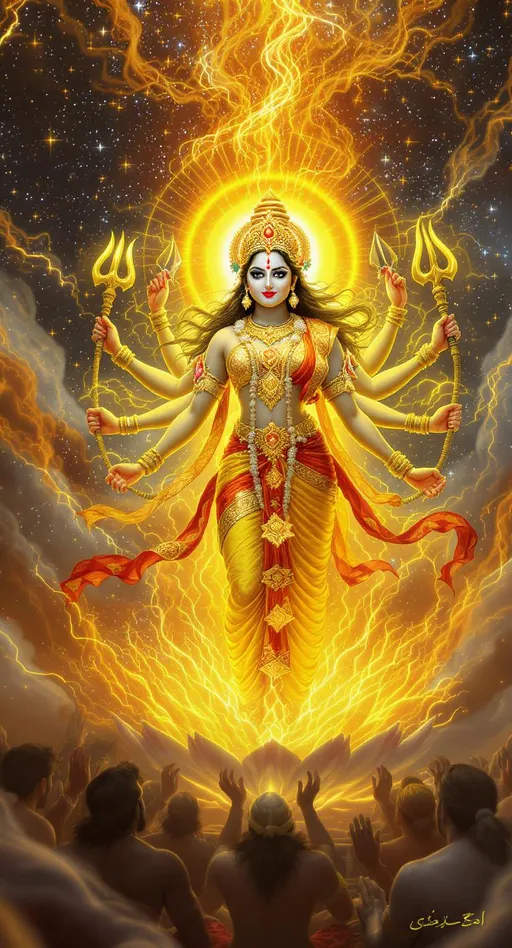 anthropomorphic goddess durga with many arms, portra...