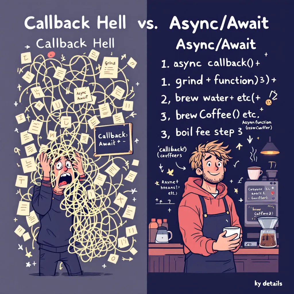 A photo-style illustration comparing 'Callback Hell'...