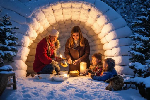 Life in an igloo, a woman preparing lunch inside a c...