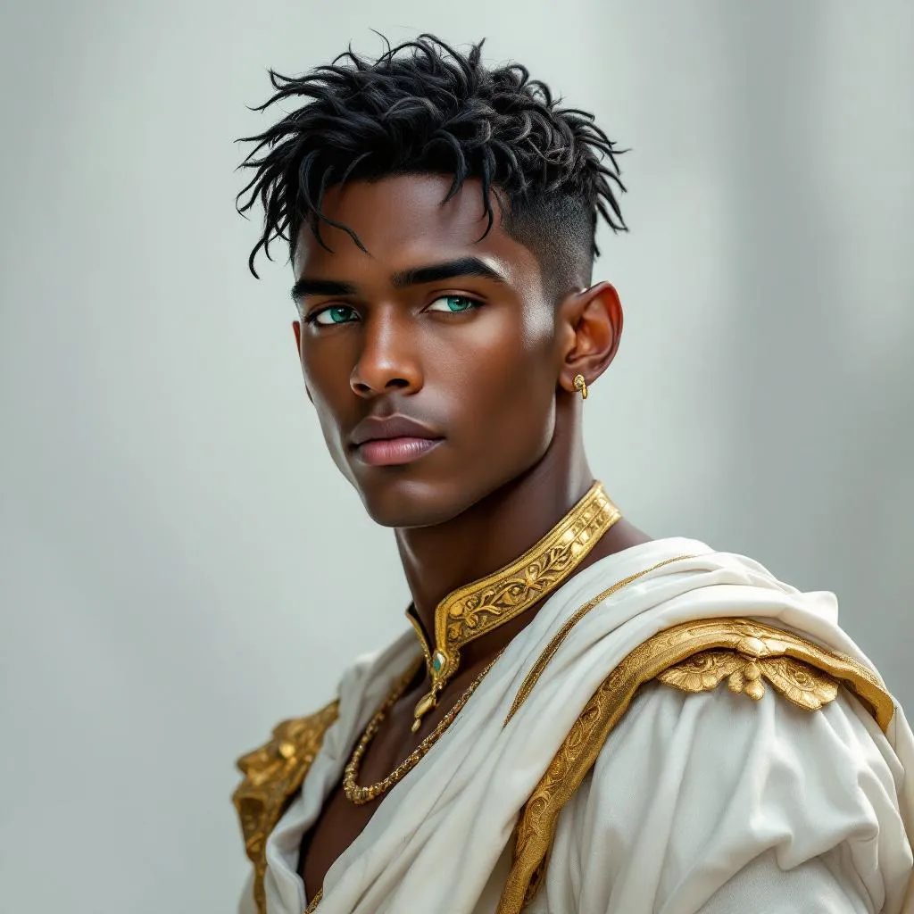 young adult fae man, prince, short dark tightly curl...