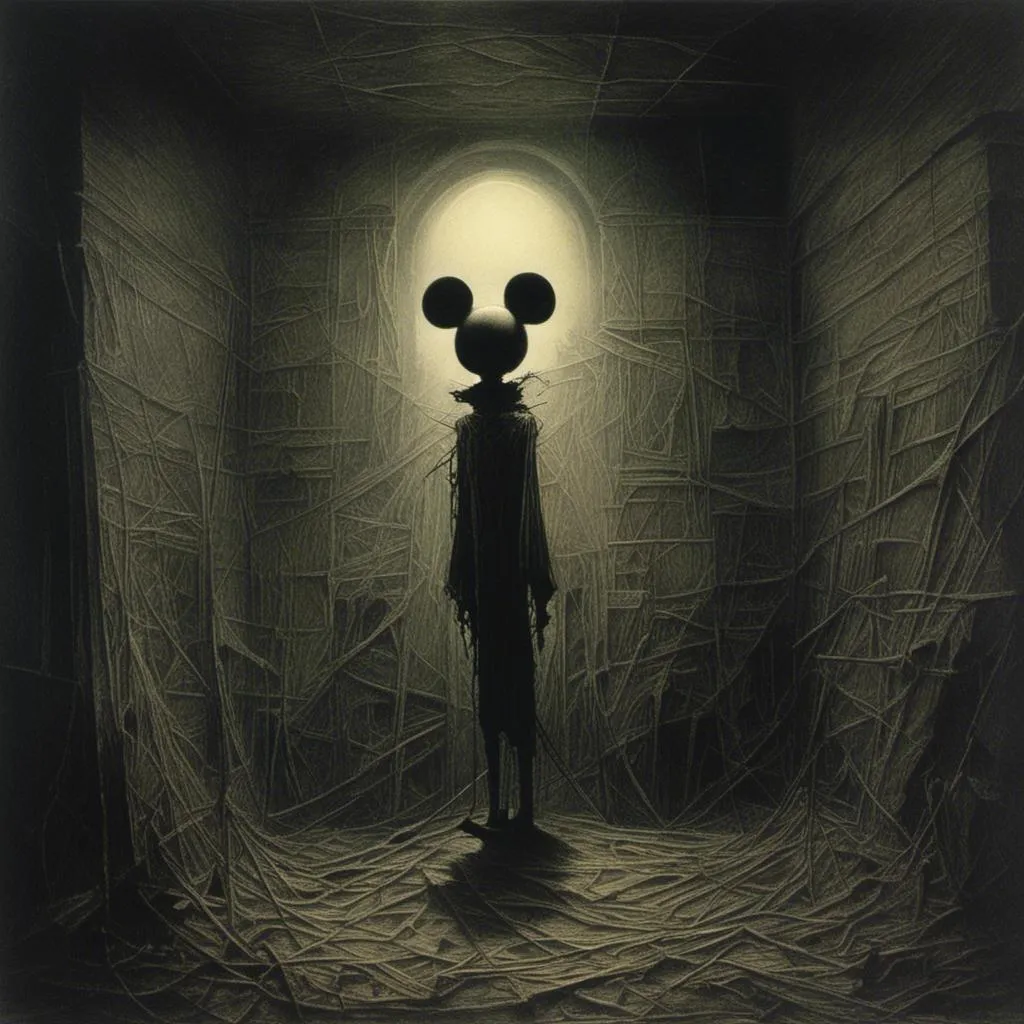 Creepy, unsettling illustration of Mickey M...