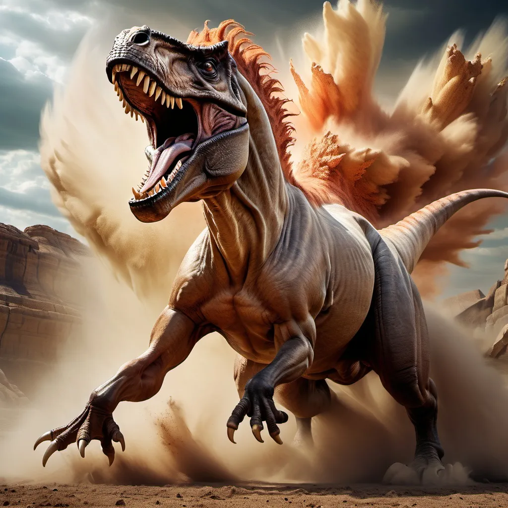 A majestic horse battling against a ferocious T-Rex,...