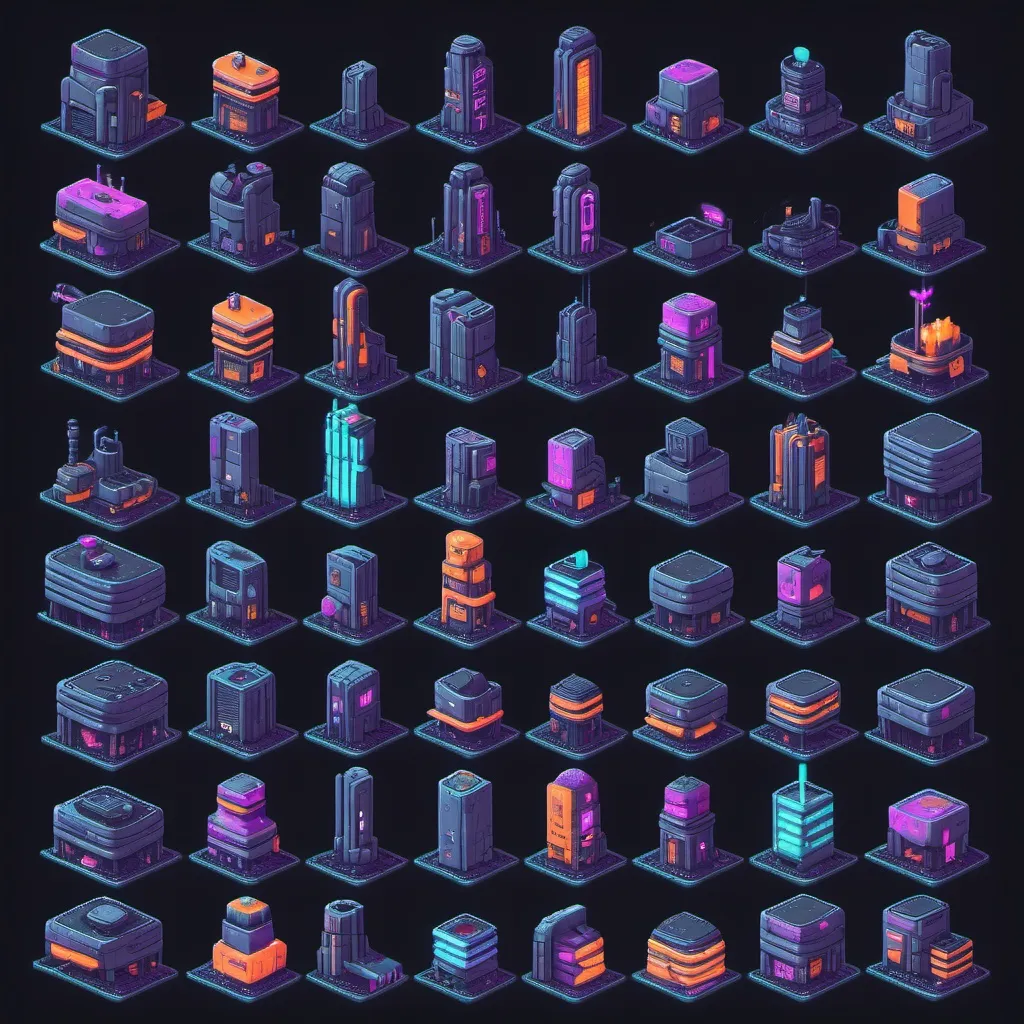 cyberpunk buildings, pixel art, 16x16 tileset