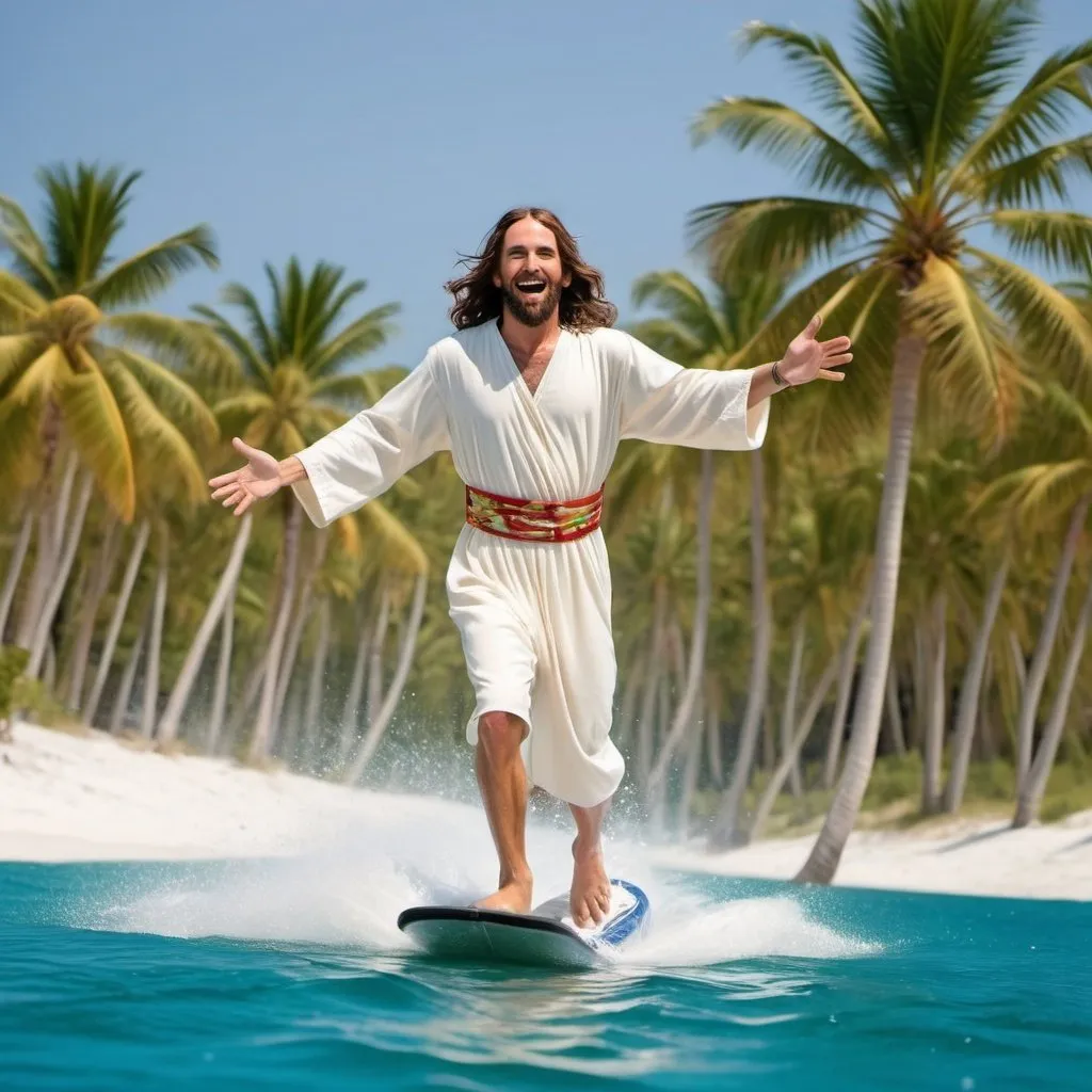 Jesus barefoot water skiing, in tropical sea, in the...