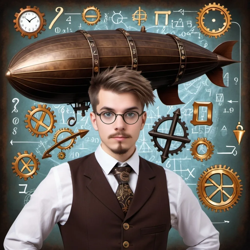 steampunk math guy with zeppelin in background and m...