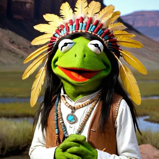 Kermit in a two piece bathing suit on the beach posing