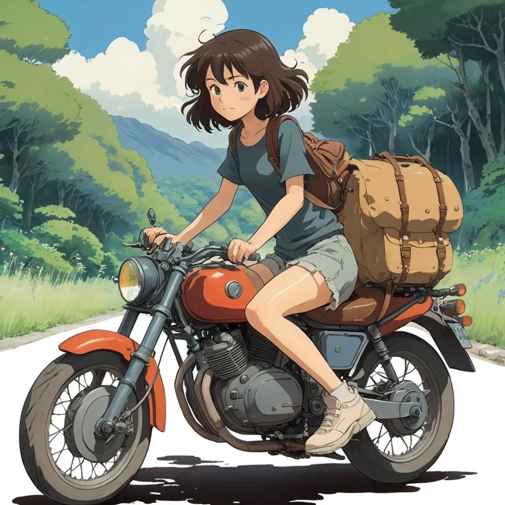 2d studio ghibli anime style, girl on motorcycle, an...