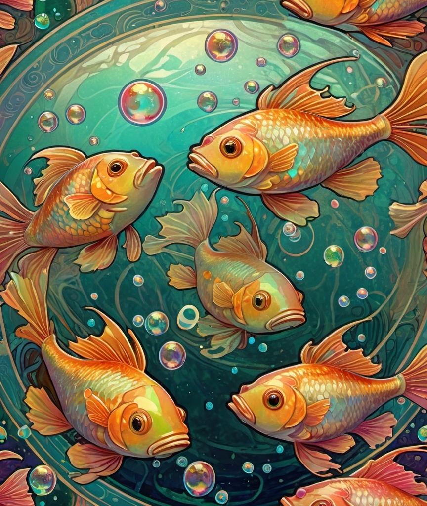 a painting of a group of fish swimming in a pond of...