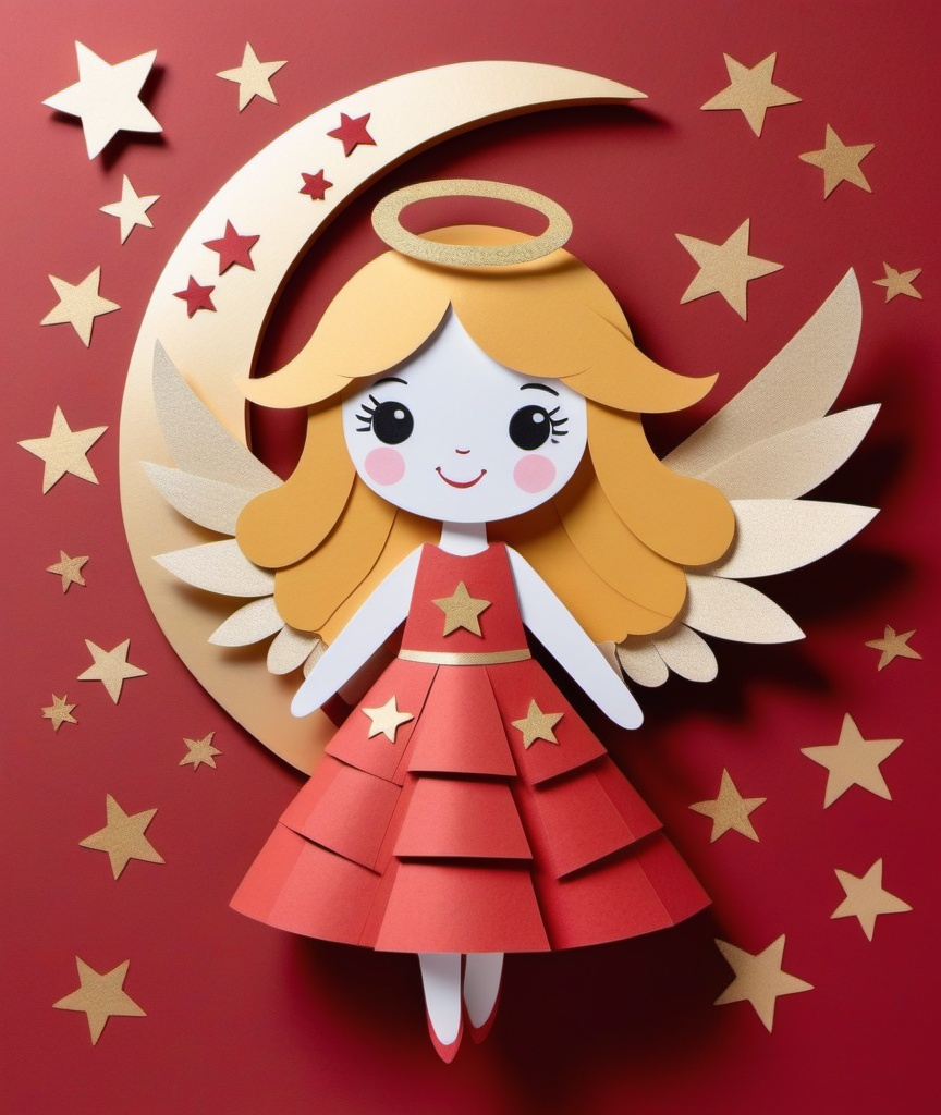 A whimsical paper craft angel with a joyful face, go...