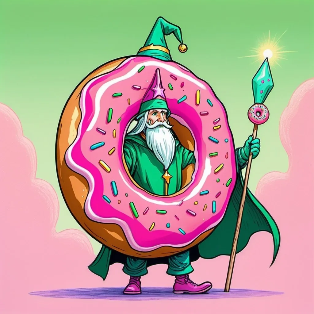 A wizard in a green cape and pointy hat is carrying...