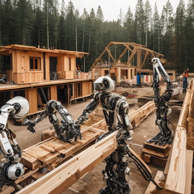 robots working with humans building traditional wood...