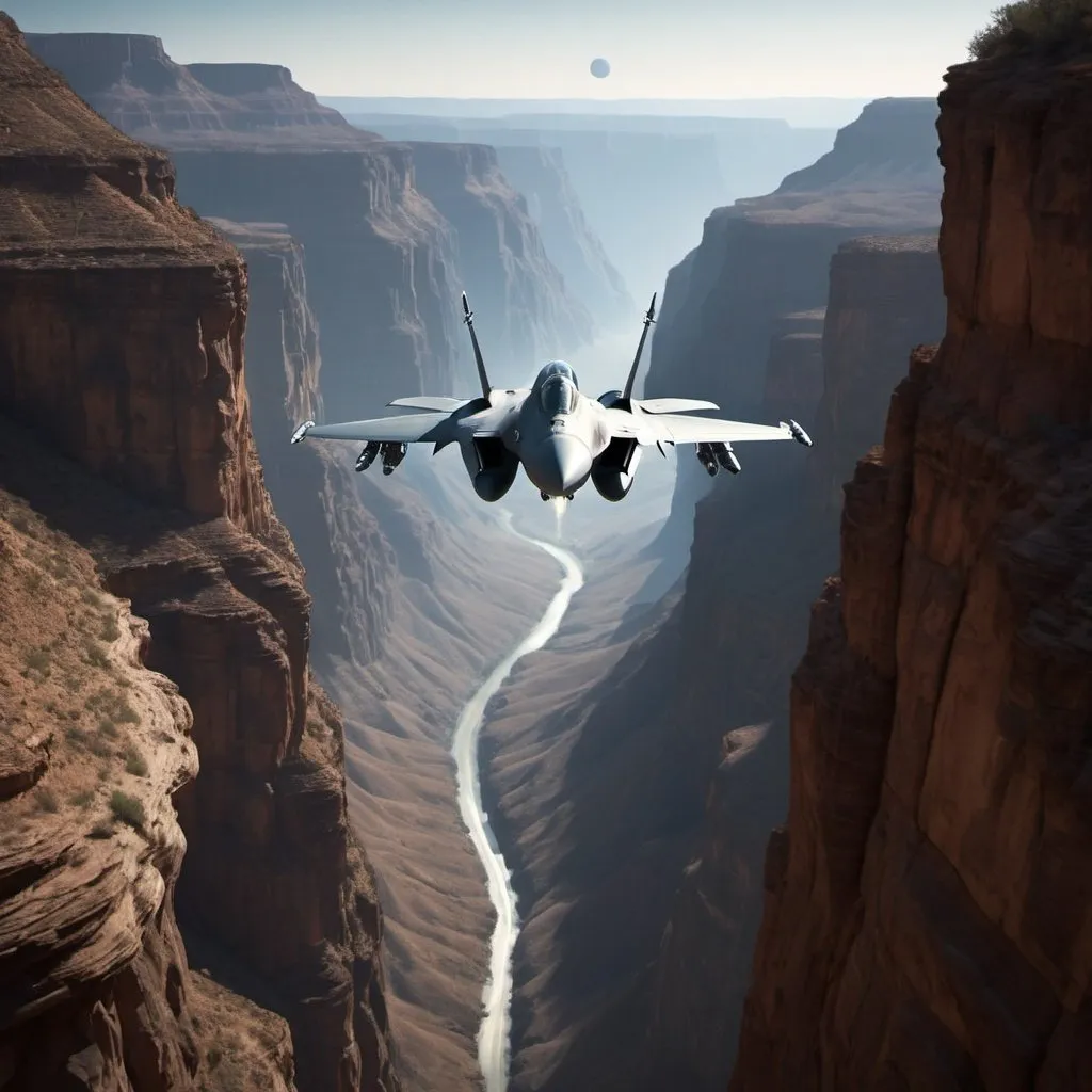 4k image of a fighter jet flying low through a canyo...