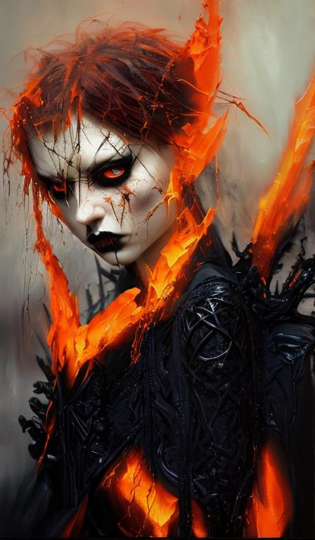 Goth fiery with the face of the model, oil painting,...