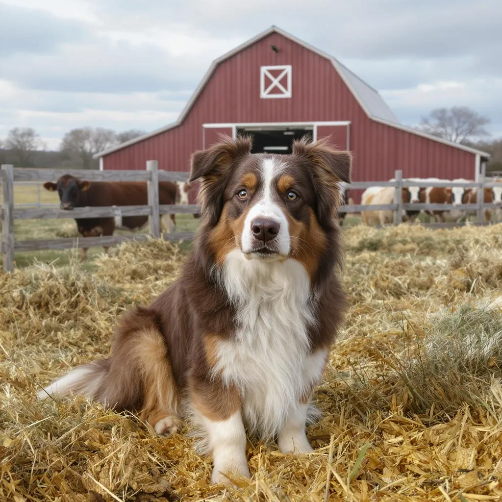 tri color aussie with one front white leg on a farm...