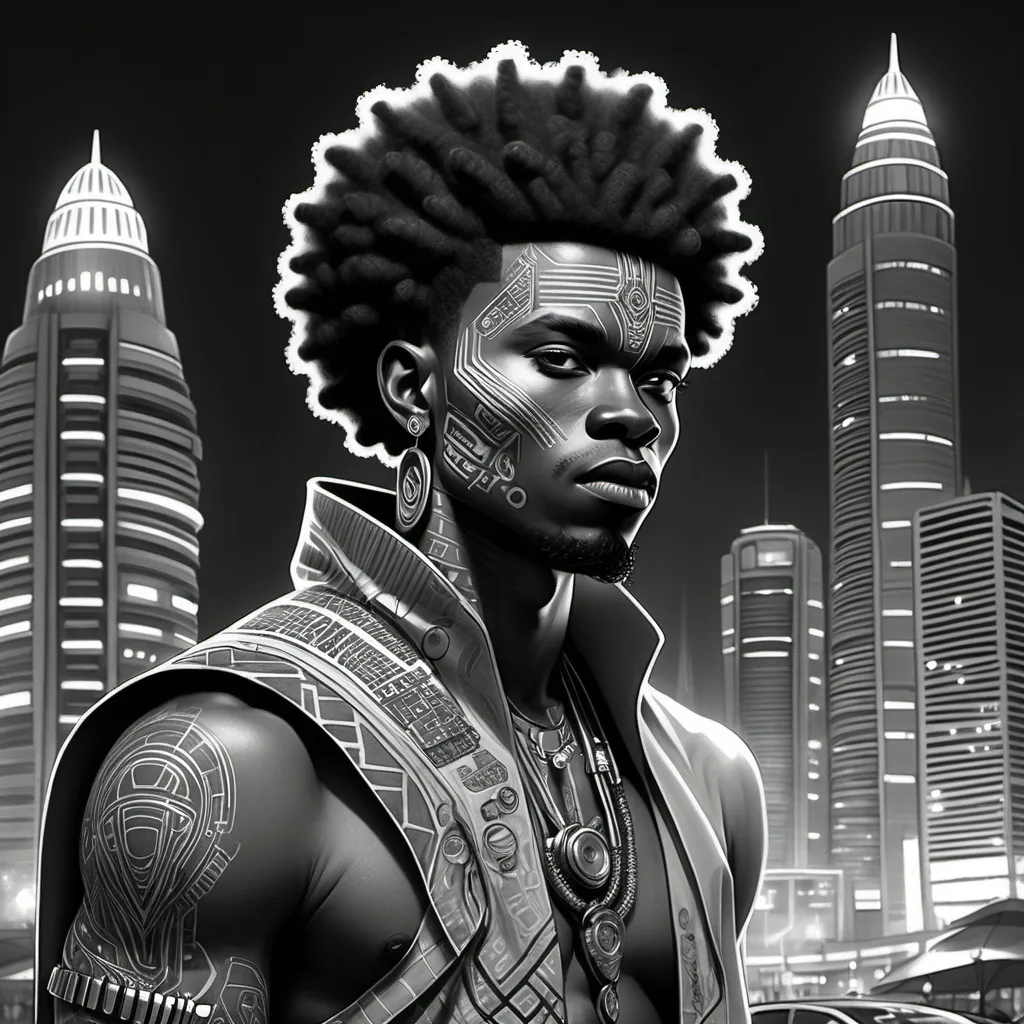 A detailed pencil sketch of an Afro Cyberpunk warrio...